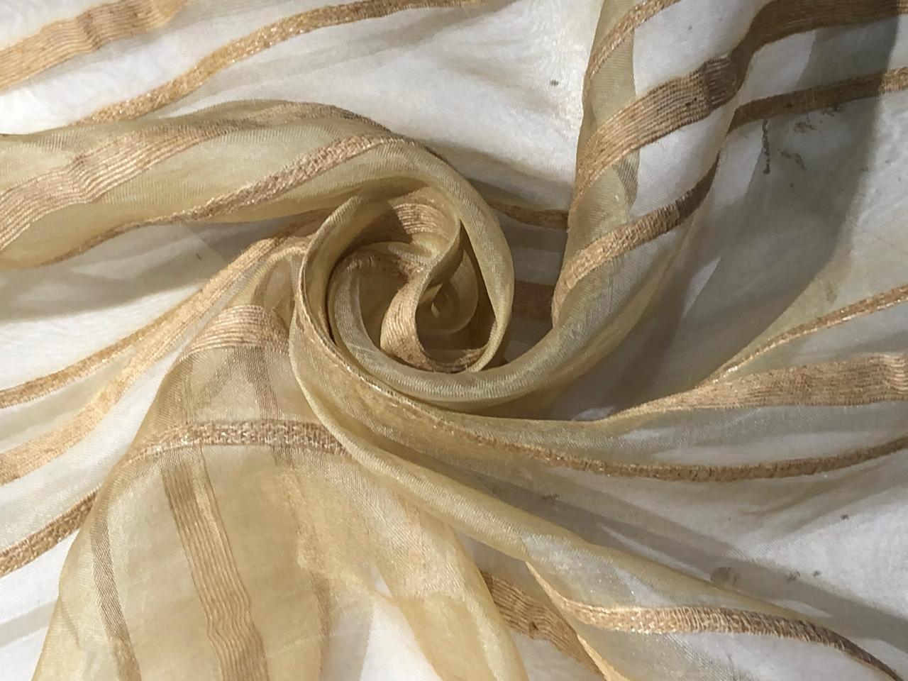 100% Silk mettalic tissue organza fabric DARK IVORY with jute stripe d ...