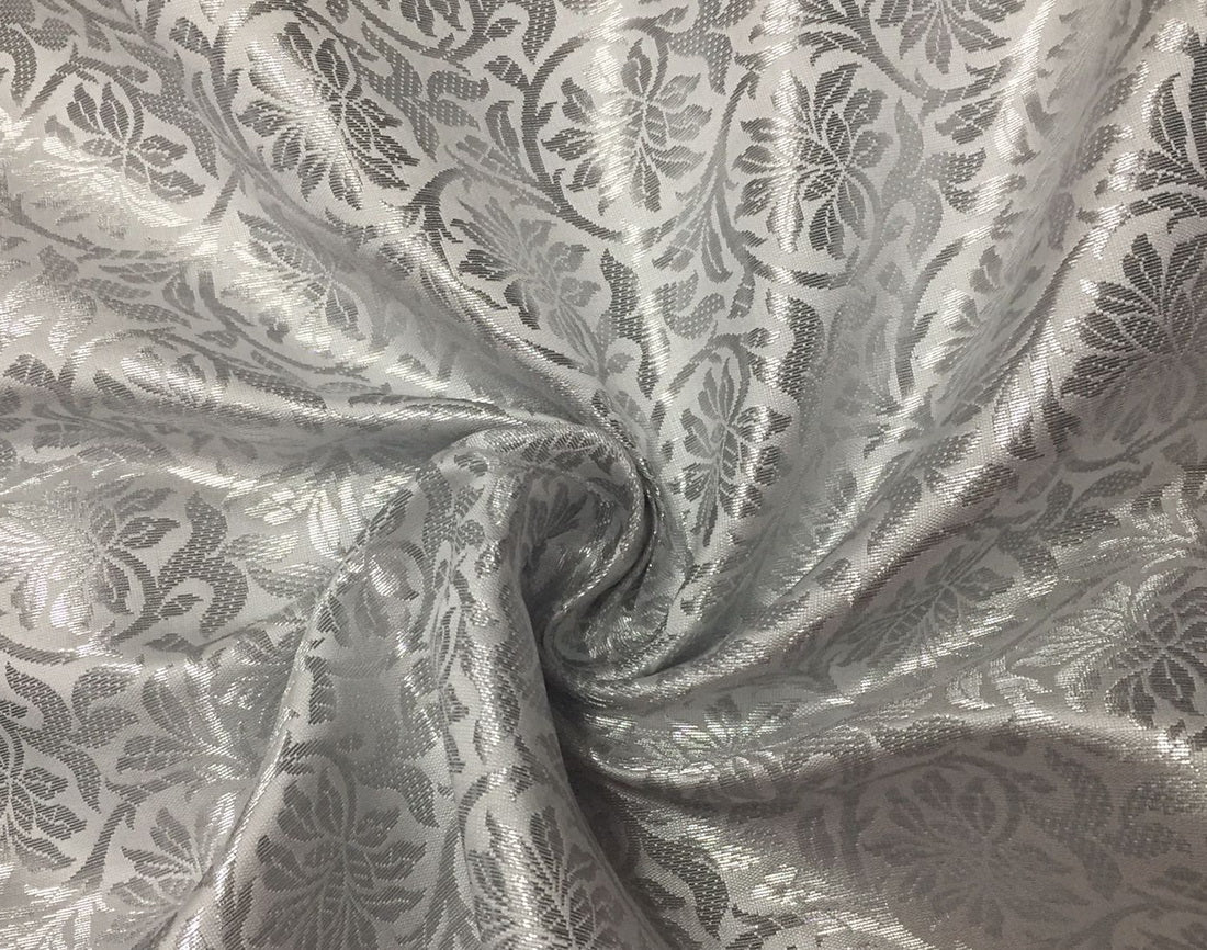 Silk Brocade fabric white ivory x metallic silver color 44" wide BRO78 ...