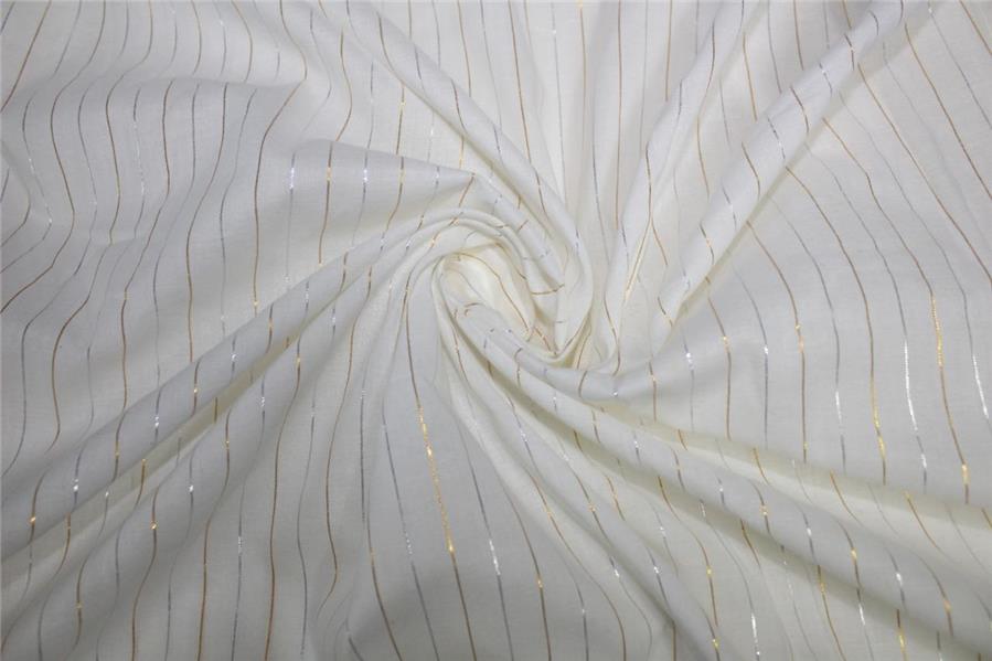 White heavy cotton fabric with Gold x Silver color stripe lurex weave ...