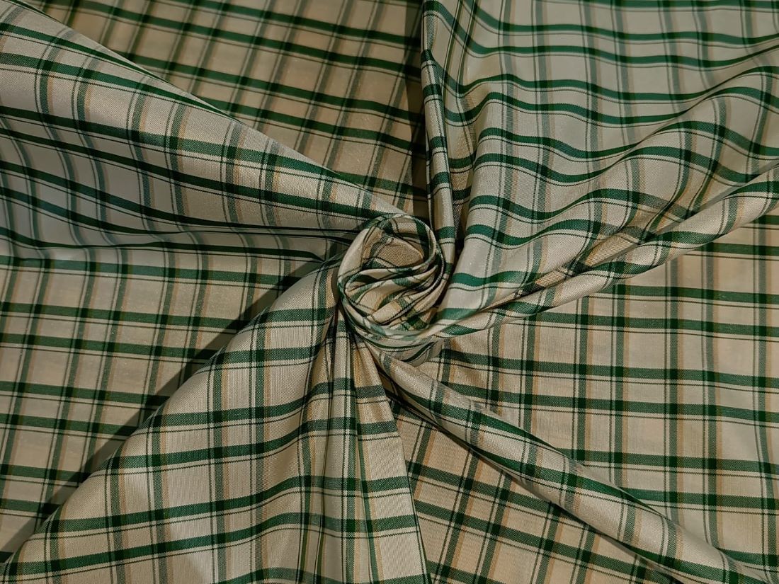 100% Pure Silk Taffeta Fabric Green & Ivory Color plaids 54" wide taf ...