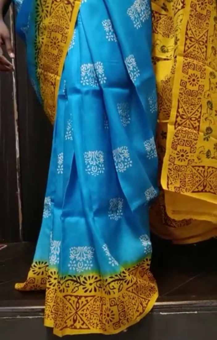 Indian Beautiful Cotton blue and yellow Saree – The Fabric Factory